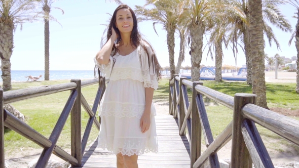 Pretty Woman On Little Bridge At Beach, Stock Footage | VideoHive