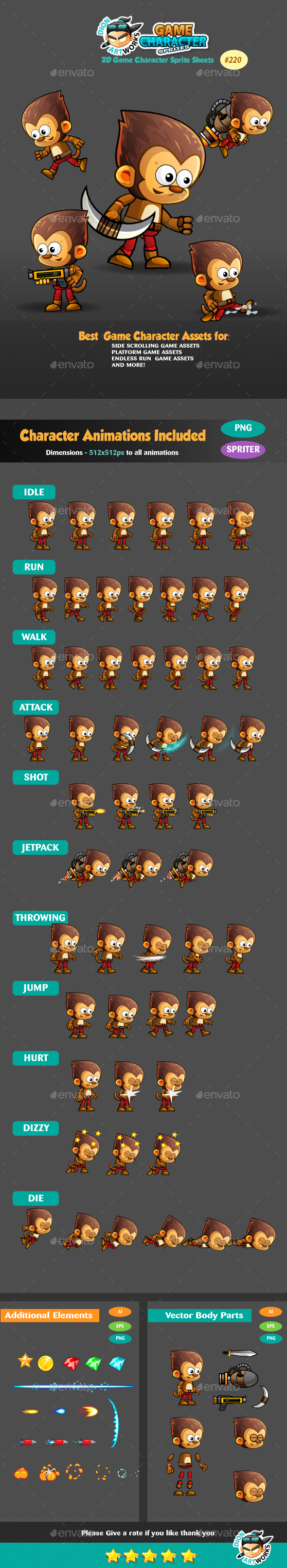 Monkey Warrior 2Game Character Sprites 220 by pasilan | GraphicRiver