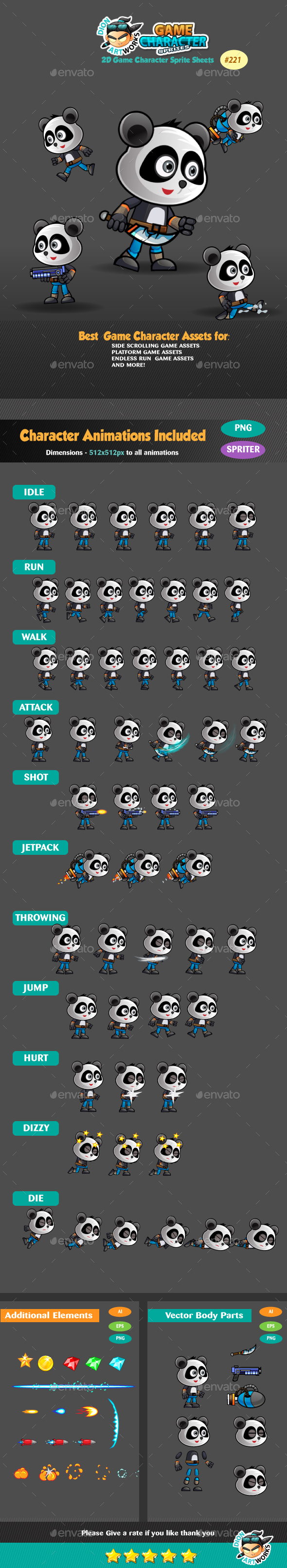 Panda Warrior 2 Game Character Sprites 221 by pasilan | GraphicRiver