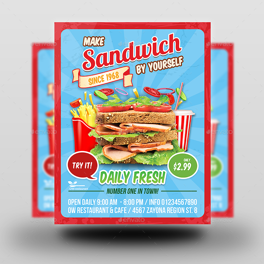 Sandwich Restaurant Flyer Template by OWPictures | GraphicRiver