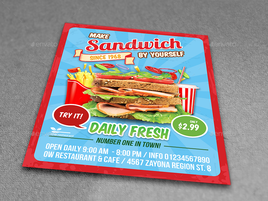 Sandwich Restaurant Flyer Template by OWPictures | GraphicRiver