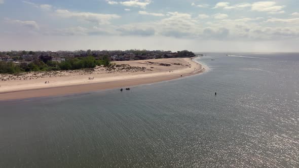 An aerial view of the beach on Gravesend Bay Brooklyn, NY on a ...