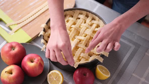 Apple Pie Preparation Series Woman Covering Baking Dish Full of Chopped ...