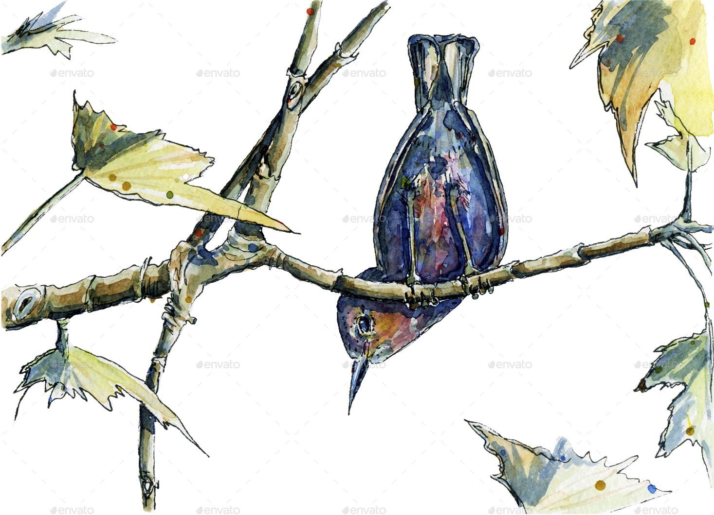Birds on trees (Watercolor and Ink, Vector and Raster), Graphics ...