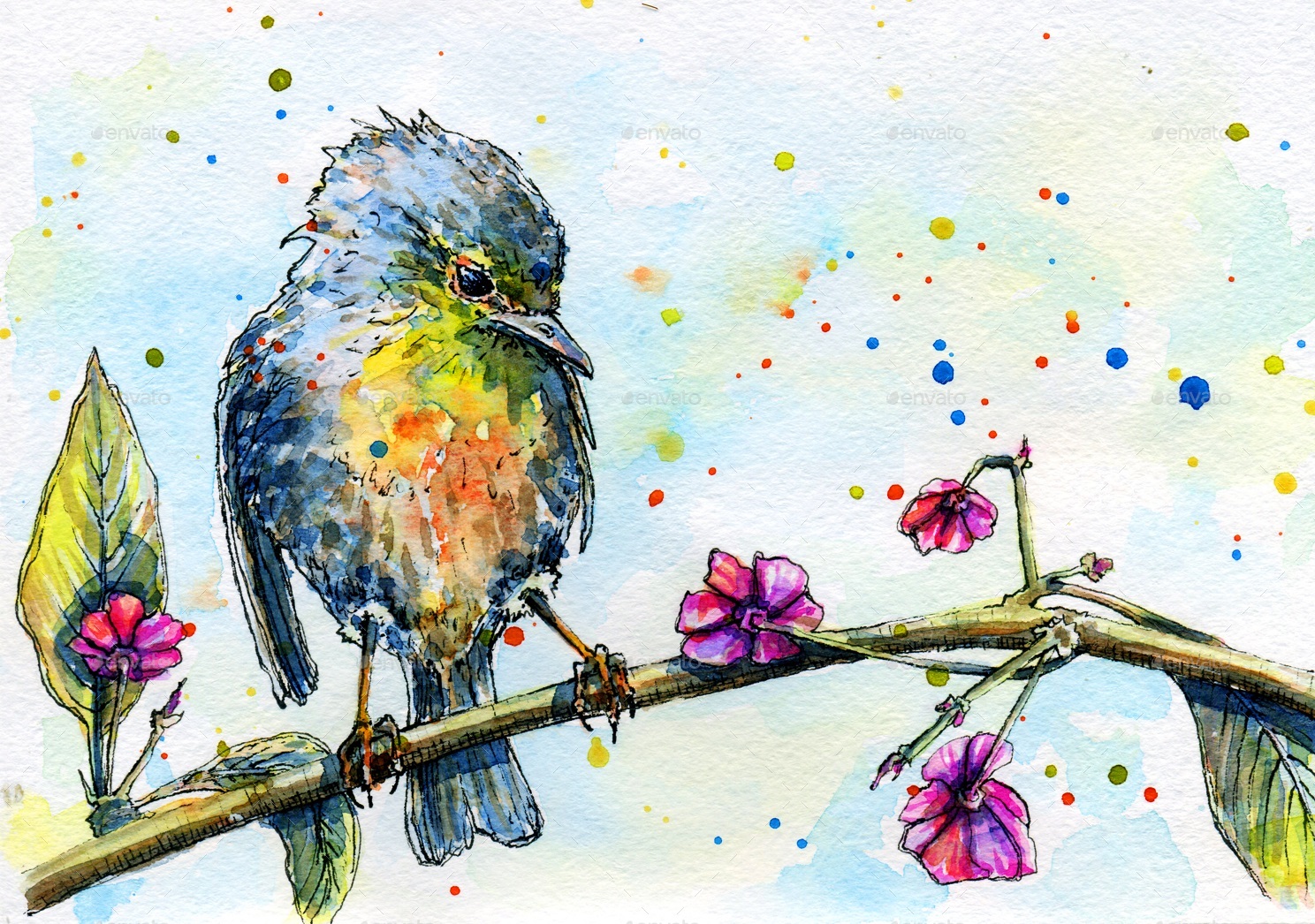 Birds on trees (Watercolor and Ink, Vector and Raster), Graphics ...