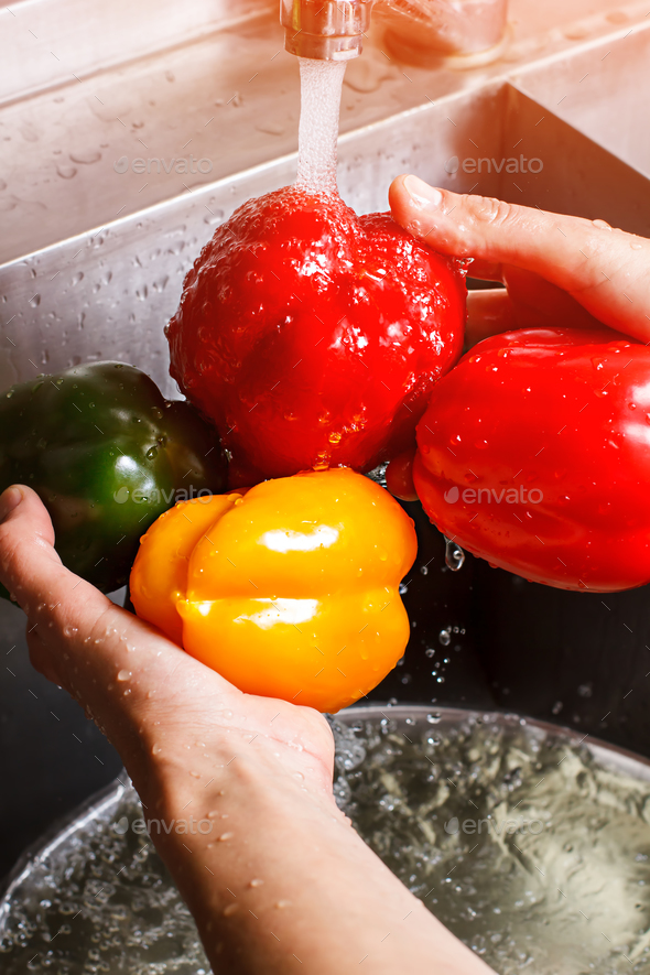 Male hands wash bell pepper. Stock Photo by stockfilmstudio | PhotoDune