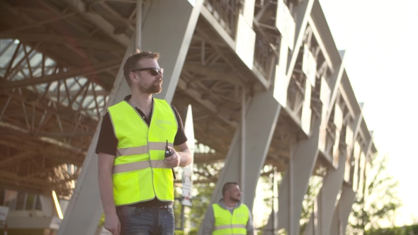 Road Workers With Traffic Rod Isolated And Walkie Talkie Work At ...