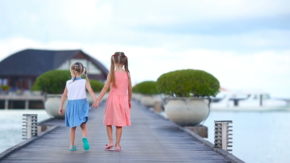 Adorable Little Girls During Summer Vacation In Evening, Stock Footage