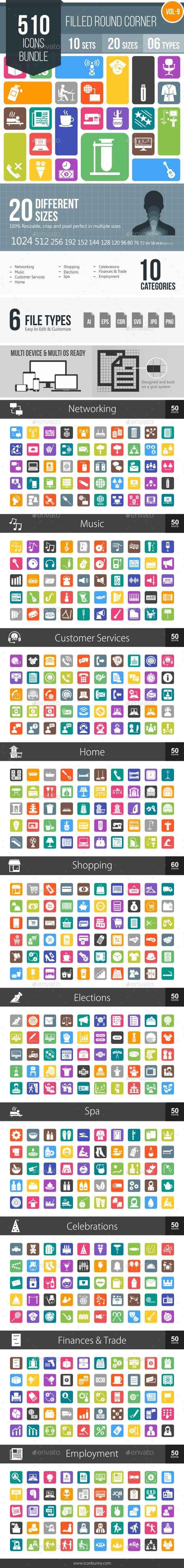 510 Vector Round Corner Colorful Flat Icons Bundle (Vol-9) by IconBunny