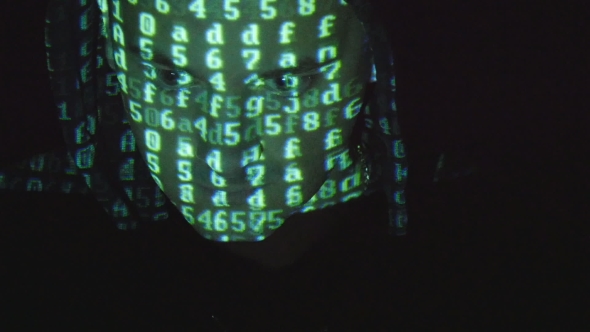 Male Face Of Hacker With Binary Code Projections., Stock Footage ...