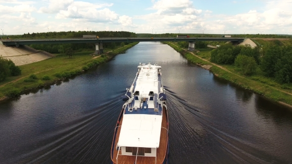 Cruise Ship on the River.Aerial View, Stock Footage | VideoHive