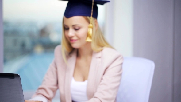 Student In Bachelor Cap With Laptop And Diploma 103, Stock Footage
