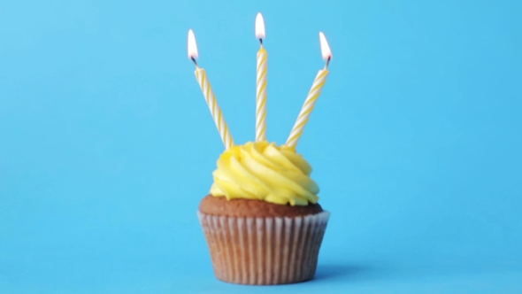 Birthday Cupcake With Three Burning Candles, Stock Footage | VideoHive