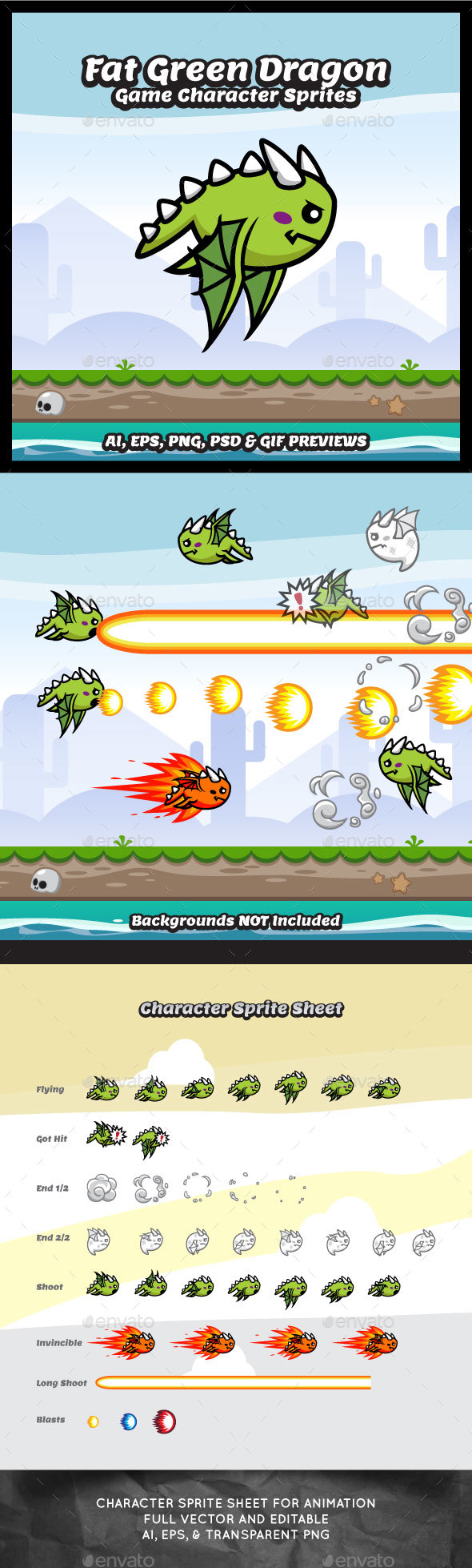 Fat Green Dragon Game Character Sprite Sheets by bevouliin | GraphicRiver