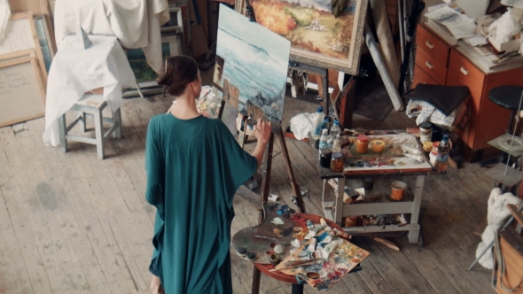 Wide View Of An Artist In Her Studio, Stock Footage | VideoHive