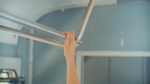 Passenger Holding Handrail On Train Or Electric Train.Female Hand With ...
