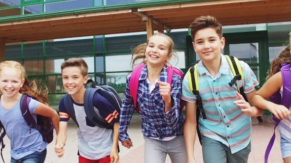 Group Of Happy Elementary School Students Running 23, Stock Footage