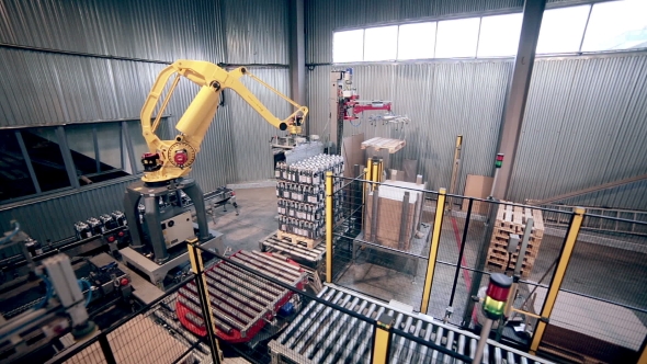 Automated Robotic Arm Loading, Packing Products. Modern Industrial ...