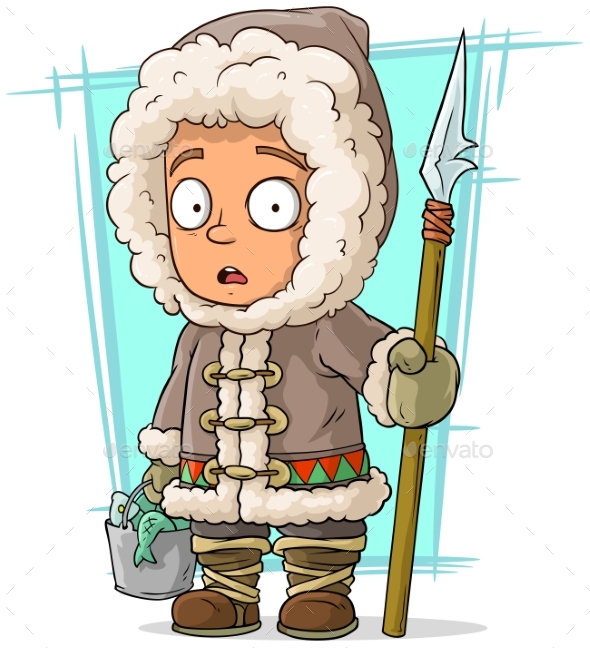 Cartoon Eskimo Boy With Spear And Fish by GB_Art | GraphicRiver