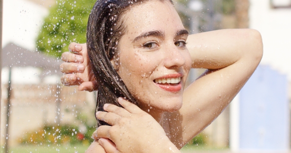 Beauty Smiles At Camera While Standing In Shower, Stock Footage | VideoHive