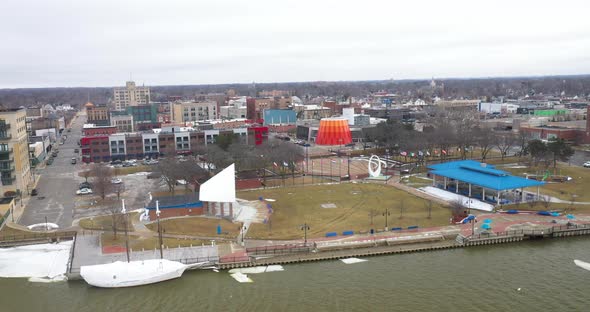 Bay City Michigan skyline drone videoing up., Stock Footage | VideoHive