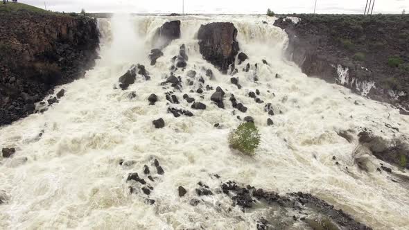 Aerial view of huge overflow waterfall at Magic Reservoir, Stock Footage