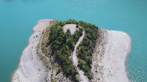 Light blue river with a pier, top view in 4k. Aerial View of Boreal ...