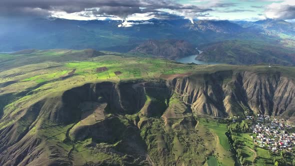 Green Fields, Village and Long Lake in Mesa Mountain Plateau Topography ...