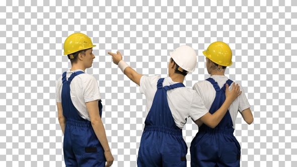 Three male construction workers in hardhats, Alpha Channel, Stock Footage