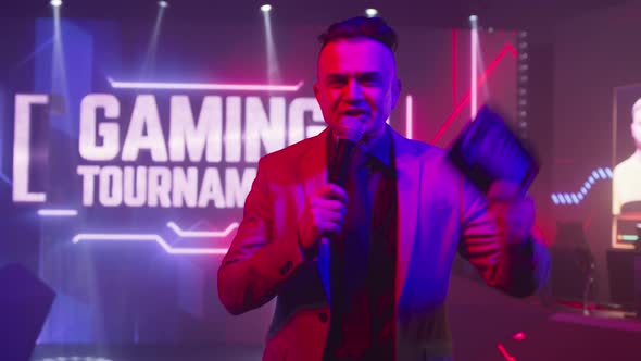 Male Announcer Speaking During Esports Championship, Stock Footage