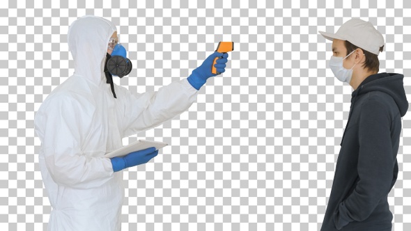 Operator check fever by digital thermometer, Alpha Channel, Stock Footage