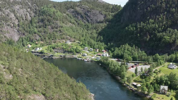 Aerial of Vikafjorden fjord leading to Vosso Salmon river - At Stamnes ...