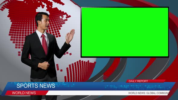 Live News Studio With Male Anchor Reporting On The Sport, TV Show Green ...