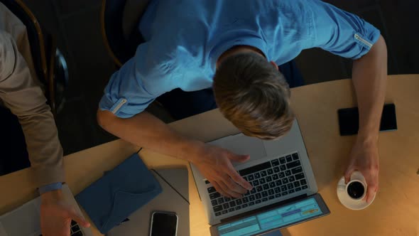 Overworked Man Drinking Coffee While Typing Laptop, Stock Footage ...