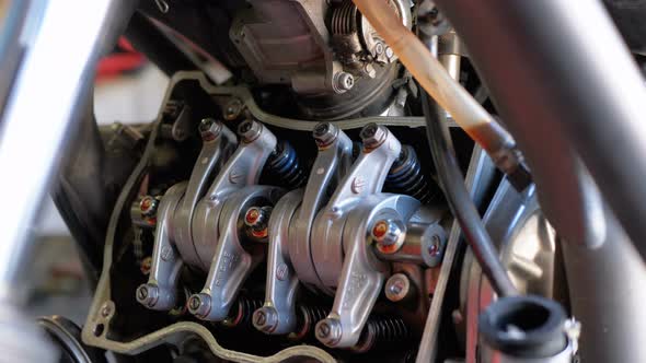 Valves and Valve Mechanisms in Motorcycle Engine. Camshaft Motorcycle ...