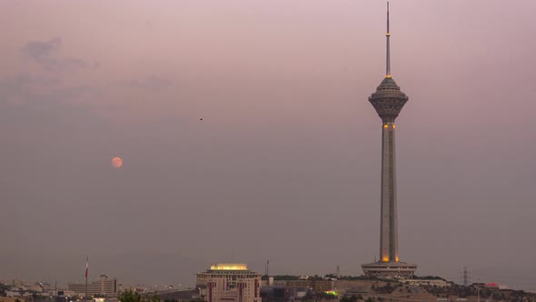Moon Rese Over Air Pollution on Milad Tower in Big City of Tehran in ...