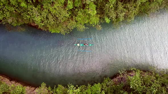 Aerial view of traditional fishing boat in Bojo River, Aloguinsan ...
