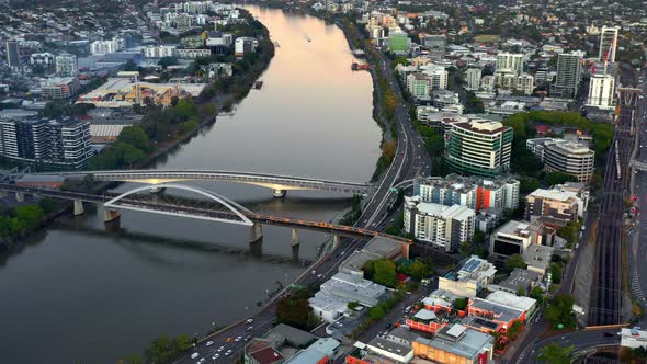 Aerial View Of Train Crossing The Merivale Bridge Over Brisbane River ...