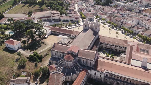 Alcobaça Monastery and surrounding charming cityscape, Portugal. Aerial ...