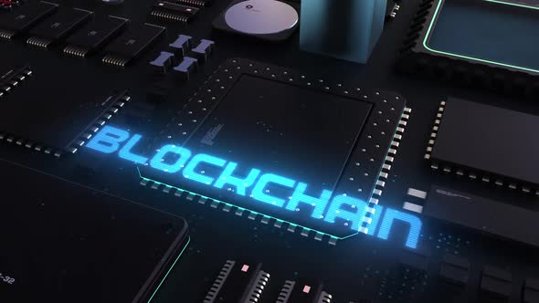 blockchain header on the background of a chip with many processes ...