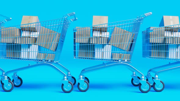 Animation of the line of carts full of packages.Concept of shopping and ...