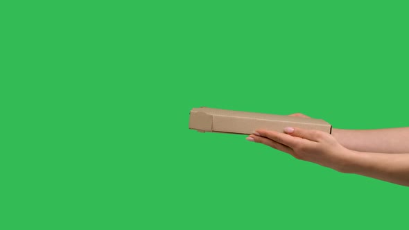Female Hands Giving Cardboard Box with Pizza on Background of Green ...