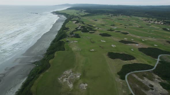 Bandon Dunes famous Golf Resort located on Oregon coast. Aerial drone ...
