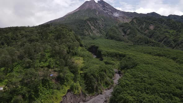 Aerial view of active Merapi mountain with clear sky in Indonesia ...