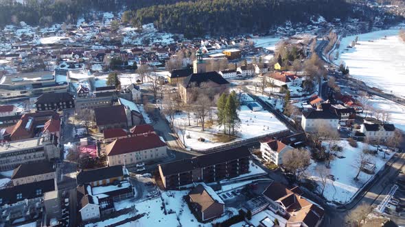 Kongsberg city aerial flying southwest towards Kongsberg Church - Sunny ...