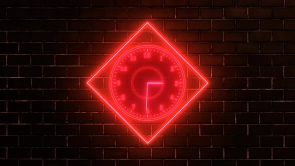 Amazing Red Neon Light Clock Isolated On Wall Background, Motion Graphics