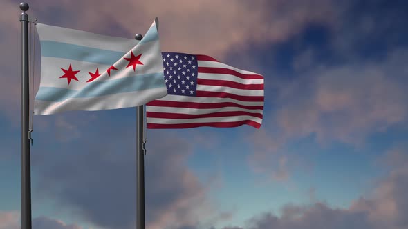Chicago City Flag Waving Along With The National Flag Of The USA - 4K ...