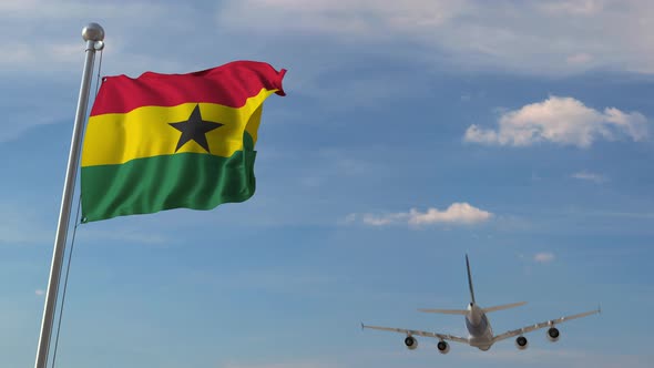 Commercial Airplane Flying Over National Flag of Ghana, Motion Graphics