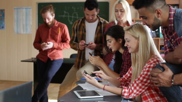 Students Using Smart Phone Sitting Desk University Classroom, Stock Footage