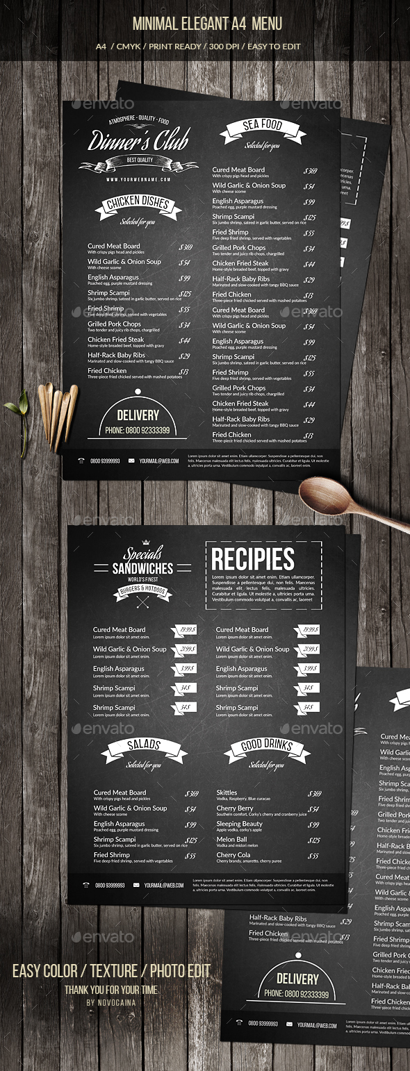 Minimal Elegant A4 Menu by Novocaina | GraphicRiver